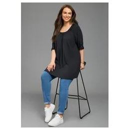 Longshirt LAURA SCOTT CURVE, Damen, Gr. 44/46, schwarz, Single Jersey, Obermaterial: 95% Viskose, 5% Elasthan, unifarben, Basic, A-Linie Po-bedeckend, Rundhals, Krempel&auml;rmel,Raglan&auml;rmel krempelbar, Shirts Longshirt, im A-Shape mit krempelbaren &Auml;rmeln