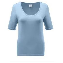 Madeleine Mode Kurzarmshirt MADELEINE "Shirt Sommerliches Basicshirt mit Rundhalsausschnitt", Damen, Gr. 46, blau (bleu), Obermaterial: 95% Viskose CV. 5% Elasthan EL., Modern, normal, U-Boot-Ausschnitt, Shirts