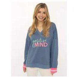 Hoodie Zwillingsherz "Positive Mind", Damen, Gr. L/XL, jeans, Sweatware, Obermaterial: 50% Baumwolle, 50% Polyester, bequem h&uuml;ftlang, V-Ausschnitt, Sweatshirts Hoodie, neonfarbenen B&uuml;ndchen, V-Ausschnitt, Seitenschlitze, Langarm