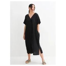 Tunikakleid bonprix "Kaftan-Kleid aus reinem Leinen", Damen, Gr. 54, N-Gr, schwarz, Obermaterial: 100% Leinen, oversize, Kleider, f&uuml;r eleganten Look, aus Leinen, Oversize-Passform, mit Halbarm