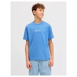Jack & Jones T-Shirt JACK & JONES JUNIOR "JORNORREBRO EMB TEE SS CN NOOS JNR", Jungen, Gr. 140, marina, Single Jersey, Obermaterial: 100% Baumwolle, bedruckt, relaxed fit normal, Rundhals, Shirts T-Shirt, Baumwolle, relaxed fit, Kurzarm