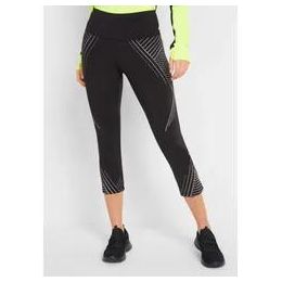 Trainingstights bonprix "Sport-Leggings mit Tasche, 3/4-L&auml;nge", Damen, Gr. 56/58 (XXXL), N-Gr, schwarz (schwarz graphisch bedruckt), Obermaterial: 85% Polyester, 15% Elasthan, skinny fit, Hosen, aus Power-Stretch-Material, 3/4-L&auml;nge, Skinny Fit