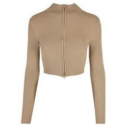 Cardigan Urban Classics "Urban Classics Damen Ladies Cropped Rib Knit Zip Cardigan", Damen, Gr. M, unionbeige, 35% Polyacryl, 35% Viskose, 30% Polyamid, unifarben, amerikanischer Ausschnitt, Strickjacken