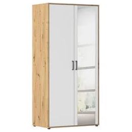 Dreht&uuml;renschrank Rauch "Kleiderschrank Schrank Garderobe W&auml;scheschrank VOYAGER", eiche artisan, alpinwei&szlig;, B:93cm H:194cm T:53cm, Holzwerkstoff, Schr&auml;nke, Dreht&uuml;renschrank, mit modernen Griffen in Graumetallic und Spiegel