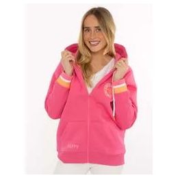 Kapuzensweatjacke Zwillingsherz "Smile Everyday ZH", Damen, Gr. L/XL, mittelpink, Sweatware, Obermaterial: 50% Baumwolle, 50% Polyester, unifarben, normal h&uuml;ftlang, V-Ausschnitt, Sweatjacken Zip-Hoodie, Kapuze, Taschen, Langarm, Stickerei, Rei&szlig;verschluss