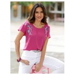 Schlupfbluse Classic Basics, Damen, Gr. 46, fuchsia, jeansblau, 100% Polyester, gebl&uuml;mt, gemustert, mehrfarbig, Rundhals, Blusen Schlupfbluse