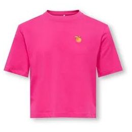 T-Shirt KIDS Only "KOGREX S/S PRINTED TOP JRS", M&auml;dchen, Gr. 146/152, pink yarrow print:orange, Jersey, Obermaterial: 100% Baumwolle, unifarben, regular fit taillenlang, Rundhals, Shirts T-Shirt, mit s&uuml;&szlig;em Brustmotiv