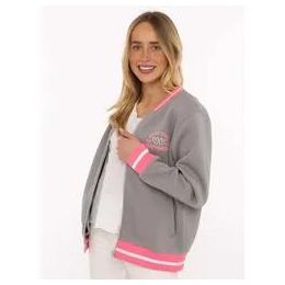 Sweatjacke Zwillingsherz "College", Damen, Gr. L/XL, mittelgrau, Sweatware, Obermaterial: 50% Baumwolle, 50% Polyester, Sweatjacken Sweatjacke, Rei&szlig;verschluss, gestreiften Rippb&uuml;ndchen, Eingriffstaschen, Stickerei