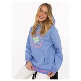 Hoodie Zwillingsherz "Always Positive", Damen, Gr. L/XL, mittelblau, Sweatware, Obermaterial: 50% Baumwolle, 50% Polyester, normal normal, ohne Ausschnitt, angesetztes B&uuml;ndchen, Sweatshirts Hoodie, Kapuze, Stickerei, Fronttasche, B&uuml;ndchen-Schriftzug, Langarm
