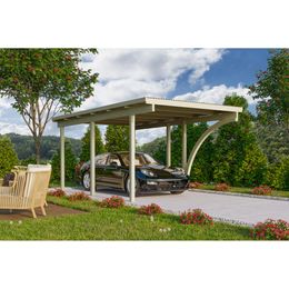 Karibu Einzelcarport 'Eco 1' 304 x 490 cm Kiefer KDI PVC-Dach, mit einem Einfahrtsbogen