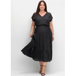 sheego Damen Maxikleid mit Smokbund und Volant am Saum, schwarz, Gr&ouml;&szlig;e 44
