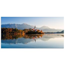 Wandbild Artland "Herbst am Bleder See Slowenien", farbe bild(er): blau, B:150cm H:75cm, Alu Dibond, Bilder, als Alubild, Leinwandbild, Poster, Wandaufkleber in verschied. Gr&ouml;&szlig;en