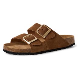 Pantolette Tamaris, Damen, Gr. 37, braun (cognac), Veloursleder, Schuhe Pantolette, Hausschuh, Schlappen mit zwei verstellbaren Schnallen