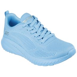 Sneaker Skechers "BOBS SQUAD CHAOS-COOL RYTHMS", Damen, Gr. 39, blau (neon aquablau), Textil, unifarben, Schuhe Sneaker, Knitwear-Sneaker, Schn&uuml;rschuh in veganer Verarbeitung, Topseller