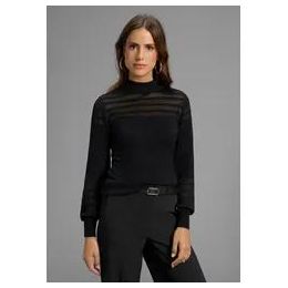 Stehkragenpullover Melrose, Damen, Gr. 34, schwarz, Feinstrick, Obermaterial: 74% Viskose, 26% Polyamid, Mesh, gestreift, leicht transparent, sehr figurbetont h&uuml;ftbedeckend, hoch geschlossener Ausschnitt, Rippstrickb&uuml;ndchen, Pullover Stehkragenpullover, mit transparenten Streifen und Ballon&auml;rmeln