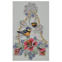 Fensterbild Stickereien Plauen "Vogel mit Hibiskus" Gr. 1, bunt (gr&uuml;n, blau, rosa), B:19cm H:31cm, Polyester, Fensterbilder