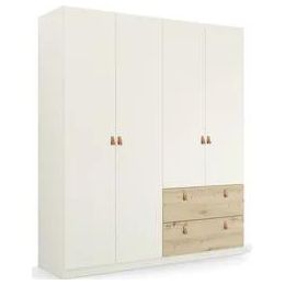 Dreht&uuml;renschrank Rauch "Kleiderschrank Schrank Garderobe Ankleide HOMEY BY QUADRA SPIN", wei&szlig; (alpinwei&szlig;, eiche artisan), B:181cm H:210cm T:54cm, Holzwerkstoff, Schr&auml;nke, Dreht&uuml;renschrank, mit cognacbraunen Ledergrifflaschen, Schubladen in Eichen-Dekor