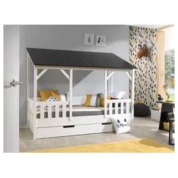 Kinderbett Vipack "Hausbett, aus MDF und Massivholz, Dach schwarz oder wei&szlig;", schwarz-wei&szlig; (wei&szlig;, schwarz), B:105cm H:174cm L:214cm, Betten, Kinderbett, wahlweise mit oder ohne Bettschublade auf Rollen