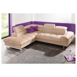 Ecksofa COTTA "Chef L-Form", beige (cappuccino), B:257cm H:72cm T:206cm, Luxus-Microfaser (100% Polyester);Kunstleder Softlux;Leder Advantage (abgedecktes Spalt-Rindsleder), R&uuml;ckseite mit schwarzem Spannstoff bezogen;NaturLEDER (echtes Rindsleder), R&uuml;ckseite mit schwarzem Spannstoff bezogen, Sofas, Ecksofa, mit Kopfteilverstellung, edle Metallkufen, wahlweise mit Bettfunktion