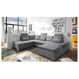Wohnlandschaft ED EXCITING DESIGN "Nalo U-Form mit Bettfunktion, Bettkasten", grau (dunkelgrau), B:324cm H:103cm T:219cm, 95% Polyester, 5% Nylon, Sofas, Wohnlandschaft, Armteilverstellung, Kopfst&uuml;tzen & 3 Nierenkissen
