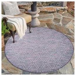 Outdoorteppich Carpet City "PALM3073", blau (blau, pink), H:5mm &Oslash;:200cm, Polypropylen, Teppiche, Outdoorteppich, Wetterfest & UV-best&auml;ndig, f&uuml;r Balkon, Terrasse, K&uuml;che, flach gewebt