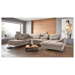 Wohnlandschaft OTTO HOME "Costello U-Form, B: 363 cm mit Sitztiefen-, Armteilverstellung &", beige (sand), B:363cm H:89cm T:223cm, 100% Polyester;Samtoptik (100% Polyester), Sofas, Wohnlandschaft, 3 Nierenkissen, optional Bettfunktion & Bettkasten