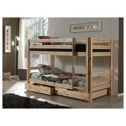 Etagenbett Vipack "Pino, Kiefer massiv, sehr standfest, Made in Europe", beige (kiefer massiv natur lackiert), B:105cm H:140cm L:210cm, Etagenbetten, Etagenbett, inkl. Leiter und 2 Schubladen, wahlweise Ausf. Wei&szlig; oder Natur