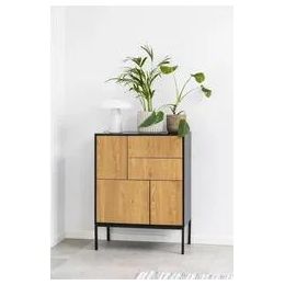 Sideboard Actona GROUP, schwarz (schwarz, natur), B:80cm H:103cm T:40cm, MDF, Metall, Papier, Sideboards, Sideboard, mit Wildeiche-Nachbildung, 3 T&uuml;ren und 2 Schubladen, Breite 80 cm