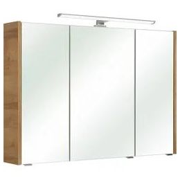 Spiegelschrank SAPHIR "Quickset 362 Badschrank, 3 Spiegelt&uuml;ren, 6 Einlegeb&ouml;den, 100 cm breit", braun (riviera eiche nachbildung), B:100cm H:70cm T:18cm, Schr&auml;nke, Spiegelschrank Spiegelschrank mit Beleuchtung, inkl. LED-Beleuchtung, T&uuml;rd&auml;mpfer, Schalter-/Steckdosenkombination