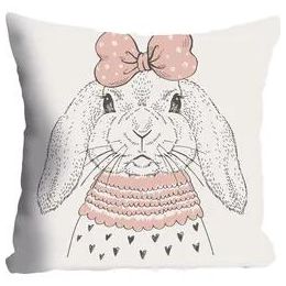 Dekokissen queence "Hase", beige (altrosa, grau, wei&szlig;, bedruckt), B:40cm L:40cm, Baumwolle, Dekokissen_Sitzkissen_Kissenh&uuml;llen, Kissenh&uuml;lle ohne F&uuml;llung, 1 St&uuml;ck