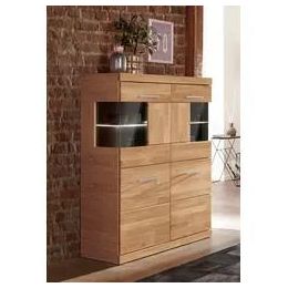 Highboard OTTO HOME "Ribe,85cm breit,115cm hoch, Fronten Massivholz,4 breite F&auml;cher", braun (eiche teilmassiv), B:85cm H:115cm T:35cm, Holz teilmassiv, Sideboards, Highboard, Korpus Holzwerkstoff,2T&uuml;ren mit Glaseinsatz, B&ouml;den versetzbar