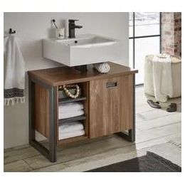 Waschbeckenunterschrank Home Affaire "Detroit, Waschtisch mit Apothekergriff, Badschrank im Industrialdesign", gelb (eiche honigfarben dekor, schiefer, nachbildung), B:81cm H:62cm T:40cm, FSC-zertifizierter Holzwerkstoff, Schr&auml;nke, Waschbeckenunterschrank, Eiche Dekor, mit offenen F&auml;chern & Stauraum, Breite 81 cm