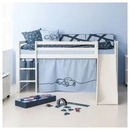 Hochbett Hoppekids "&laquo;Cars&raquo;", wei&szlig; (wei&szlig;, dream blau, wei&szlig;, wei&szlig;), B:81cm H:9cm L:168cm, Bett: 100% Massivholz, Nordische Kiefer;Rutsche: MDF;Vorhang: 100% Baumwolle;Matratze: PU-Schaum;Matratzenbezug: 100% Baumwolle, Hochbetten, Hochbett, Rutsche & Vorhang Blau und viel Auswahl