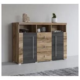 Sideboard OTTO HOME "Roger,Breite 132cm, stilvolle Schrank, 2 Holzt&uuml;ren 3 Schubladen", braun (satin nussbaumfarben, schwarzwood), B:132cm H:92cm T:38,5cm, FSC-zertifizierter Holzwerkstoff, Sideboards, Sideboard, Kommode mit viel Stauraum, Einlegeb&ouml;den verstellbar