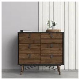 Kommode Andas "Ry Aufbewahrung, Schubladenschrank, Stauraum", braun (schwarz matt, walnuss), B:101,8cm H:94,8cm T:40,1cm, Holzwerkstoff, Sideboards, Kommode, Sideboard mit 6 Schubladen, Breite 102 cm, H&ouml;he 95 cm, Massivholzbeine