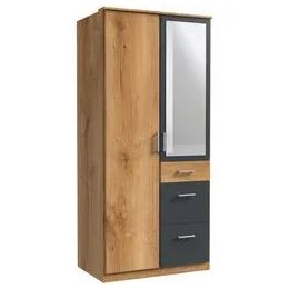 Kleiderschrank wimex "Click", grau (plankeneichefarben, graphit), B:90cm H:199cm T:58cm, Schr&auml;nke, Kleiderschrank Dreht&uuml;renschrank, mit Spiegel