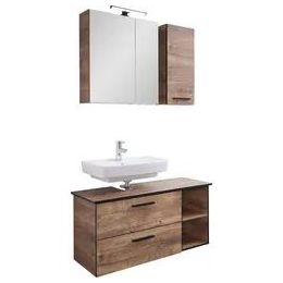 Badm&ouml;bel-Set SAPHIR "Quickset 374 3-teilig, Waschtischunterschrank mit LED-Spiegelschrank", braun (eiche ribbeck quer nachbildung), B:103cm H:200cm T:44,5cm, Holzwerkstoff, Kastenm&ouml;bel-Sets, Badm&ouml;bel-Set, 103 cm breit, 4 T&uuml;ren, 2 Schubladen, 2 offene F&auml;cher, inkl. T&uuml;rd&auml;mpfer