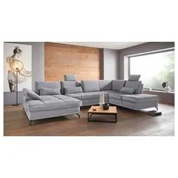 Wohnlandschaft OTTO HOME "Costello U-Form, B: 363 cm mit Sitztiefen-, Armteilverstellung &", grau (hellgrau), B:363cm H:89cm T:223cm, 100% Polyester;Samtoptik (100% Polyester), Sofas, Wohnlandschaft, 3 Nierenkissen, optional Bettfunktion & Bettkasten