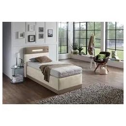 Boxspringbett, beige (dunkelbeige, beige), Ohne Topper, Liegefl&auml;che B/L: 100cm x 200cm, H3, 7-Zonen-Kaltschaummatratze, Bezug Obermatratze 100% Polyester, waschbar bis 60C;Bezug Unterbox und Kopfteil: Mikrofaservelours (100% Polyester), Westfalia Schlafkomfort, Komplettbetten, Boxspringbett, mit LED-Beleuchtung