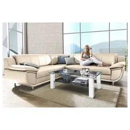 Ecksofa Trendmanufaktur "Rondo wahlweise mit Schlaffunktion, bequeme Armlehnen", beige (creme), B:267cm H:85cm T:247cm, Microfaser PRIMABELLE (100% Polyester);Kunstleder SOFTLUX;Struktur (54% Polyacryl, 46% Polyester);NaturLEDER (echtes Rindsleder) in Sitz und R&uuml;cken, Korpus Kunstleder SOFTLUX, Sofas, Ecksofa, L-Form, wahlw.mit Federkern, F&uuml;&szlig;e chromfarben, Unser Dauertiefpreis