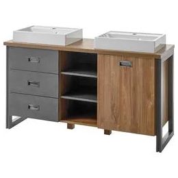 Waschtisch Home Affaire "Detroit, Unterschrank mit Apothekergriff, Badschrank, Industrialdesign", gelb (eiche honigfarben dekor, schiefer, nachbildung, eiche honigfarben dekor), B:138cm H:85cm T:40cm, FSC-zertifizierter Holzwerkstoff, Waschtische, Waschtisch