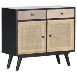 Kommode GUTMANN FACTORY "Linus", schwarz (schwarz, natur), B:90cm H:80cm T:42cm, Massivholz, Sideboards, Kommode, mit Rattangeflecht