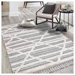 Hochflor-Teppich Carpet City "Valencia 810", blau (graublau, creme), B:160cm H:20mm L:230cm, Polypropylen, Teppiche, Fransenteppich, L&auml;ufer, Boho-Stil, 3D-Effekt, Raute, Hoch-Tief-Struktur, mit Fransen