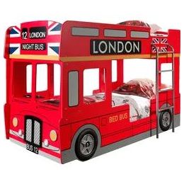 Etagenbett Vipack "London, in Londoner Stadtbuss-Optik, das Highlight im Kinderzimmer", rot, H:132cm L:215cm, Etagenbetten, Etagenbett, inkl. Bodenplatten f&uuml;r die Matratzenauflagen und seitlicher Leiter