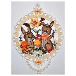 Fensterbild Stickereien Plauen "Fensterbild Hasenp&auml;rchen" Gr. 1, bunt, B:21cm H:28cm, Polyester, Fensterbilder, Echte Plauener Spitze