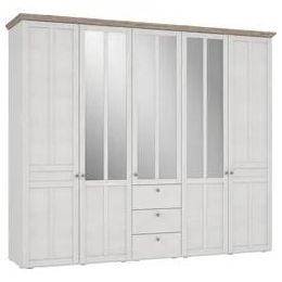 Kleiderschrank FORTE "Iloppa, Schlafzimmerschrank im Landhausstil", braun (schnee eiche, nelson eiche), B:254,4cm H:216,6cm T:62,1cm, FSC-zertifizierter Holzwerkstoff, Schr&auml;nke, Kleiderschrank Dreht&uuml;renschrank, Ma&szlig;e: B/H/T ca. 254,4x216,6x62,1 cm, Schrank mit Spiegel