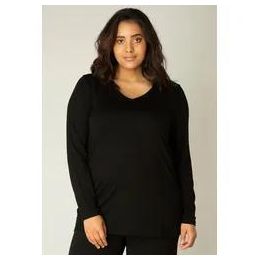 Langarmshirt Base Level Curvy "Alize", Damen, Gr. 48, schwarz, Jersey, Obermaterial: 94% Viskose, 6% Elasthan, unifarben, figurbetont h&uuml;ftbedeckend, V-Ausschnitt, eingesetzt abgesteppt, Shirts Langarmshirt, Weiche, leicht gl&auml;nzende Qualit&auml;t