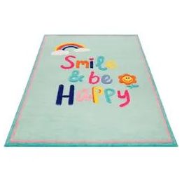 Kinderteppich Smart Kids "Happy me" Gr. 3, blau, B:120cm H:9mm L:170cm, Kunstfaser, Teppiche, Kinderteppich, Regenbogen Blume, Konturenschnitt