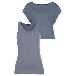H.I.S. Trainingsshirt H.I.S "2-tlg. Set: Shirt & Top", Damen, Gr. 34, blau (rauchblau), Obermaterial: 65% Polyester, 35% Viskose. Top: 92% Polyester, 8% Elasthan, unifarben, figurbetont, Rundhals, Shirts, Kurzarm, Rundhals, aus Polyester und Viskose, mit stylischen Badges