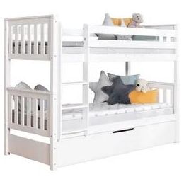 Etagenbett Ticaa "Sammy, umbaubar zu 2 Einzelbetten, edles Design im Landhausstil", wei&szlig; (kiefer massiv wei&szlig;), B:103,5cm H:160cm L:213cm, Etagenbetten, Etagenbett, inklusive Schubkasten, 2x Rollrost, zertifiziertes Massivholz Kiefer
